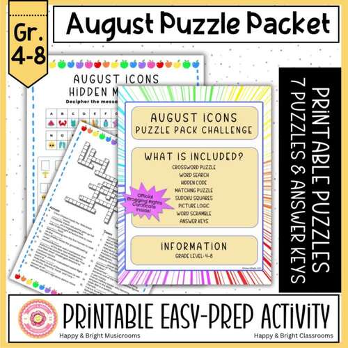 August Icons Printable Puzzle Pack for Middle School, Logic Code ...
