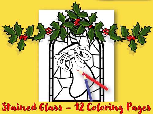 12 Christmas Stained Glass Window Coloring Activity Sheets by Catch-Up ...