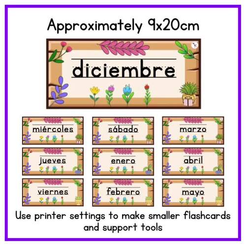 Spanish Days and Months Flashcards Plant Theme Decor Back to School K - 5
