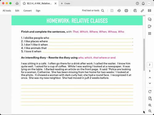 ESL Upper Intermediate Homework: Practise Relative Clauses | TPT