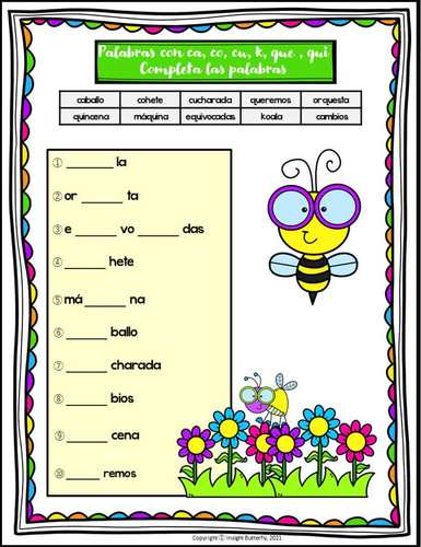 Benchmark Adelante Unit 5 Week 1 Spelling ca, co, cu, k, que, qui ...