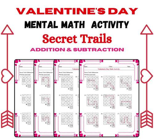 Valentine's Day Mental Math Secret Trails Addition & Subtraction No Prep
