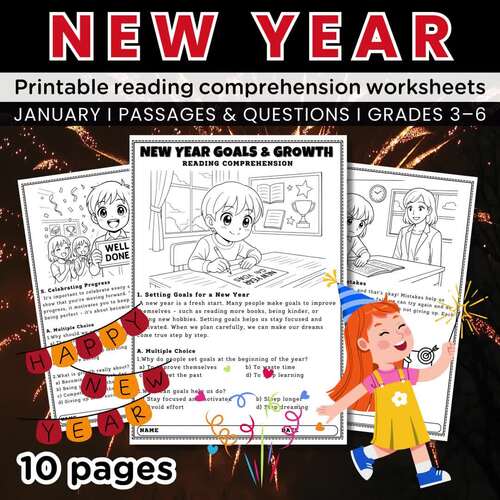 New Year Goals & Growth Reading Comprehension Worksheets, Passages with ...