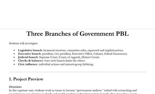 Three Branches of Government PBL by PBL History & Civics | TPT