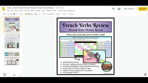 French Verbs Present Tense ER IR DRE Review Picture Reveal Digital Activity