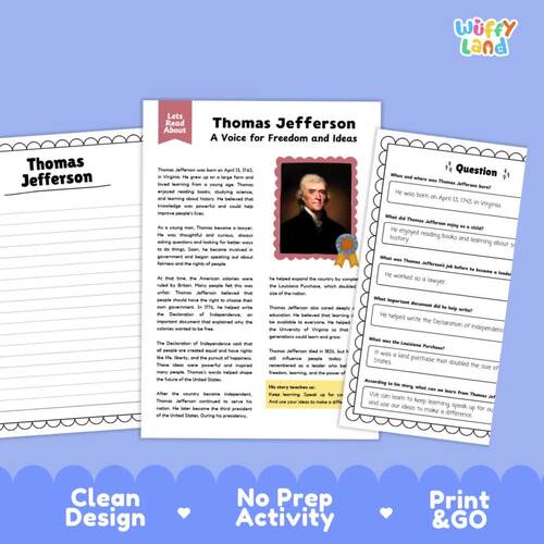 Thomas Jefferson Biography Reading Passage | Writing Activity ...