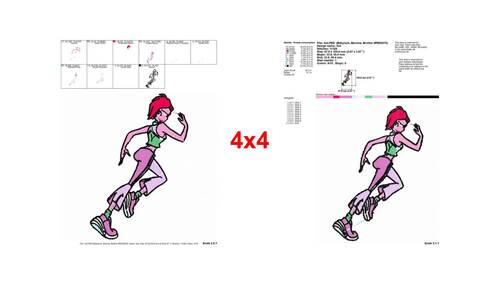 Dynamic anime girl running pose embroidery designs for athletic ...