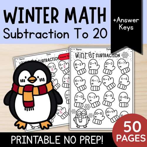 Winter Math: Subtraction To 20 Worksheets | 1st and 2nd grade | TPT