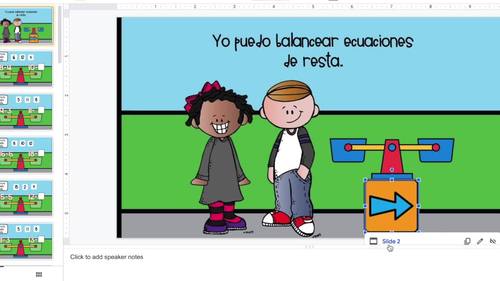 Balancing equations subtractions Spanish Google Slides by Recursos Arcoiris