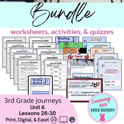 3rd Grade Grammar Worksheets Digital Bundle Journeys Unit 6 Lessons 26-30