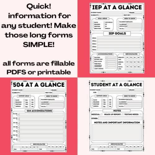 IEP, 504 and Student At a Glance Forms | Quick Info | PDF Fillable ...