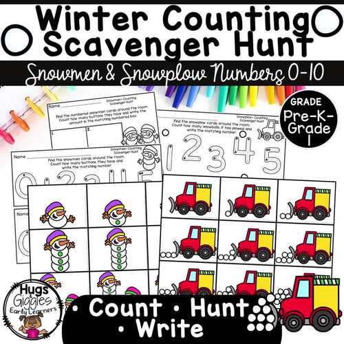 Winter Counting Scavenger Hunt | Snowmen & Snowplow | 0–10 | TPT