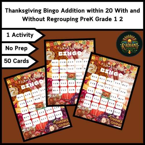Thanksgiving Bingo Addition within 20 With and Without Regrouping Grade 1 2