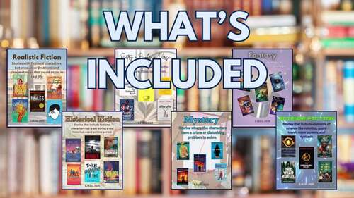 Printable Literary genres classroom decor mini-posters w/ Modern titles