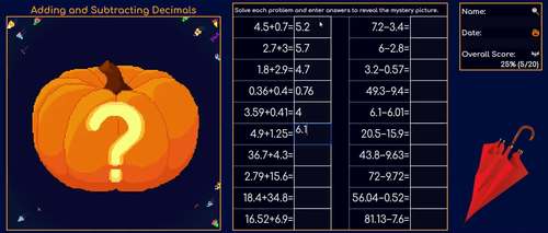 Halloween Adding and Subtracting Decimals Mystery Picture Pixel Art Bundle