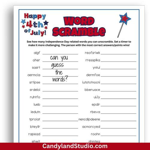 Patriotic 4th of July Word Scramble Printable Game, Independence Day ...