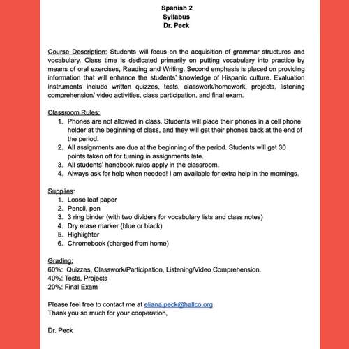 Back to School: Spanish 2 Syllabus - Editable, Clear and Concise