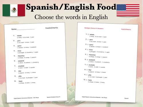 Spanish/English food vocabulary Multiple Choice | TPT