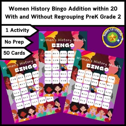 Women History Bingo Addition within 20 With and Without Regrouping PreK ...