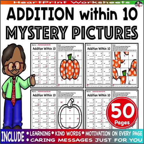 Addition within 10 with Regrouping Mystery Pictures fun worksheets ...