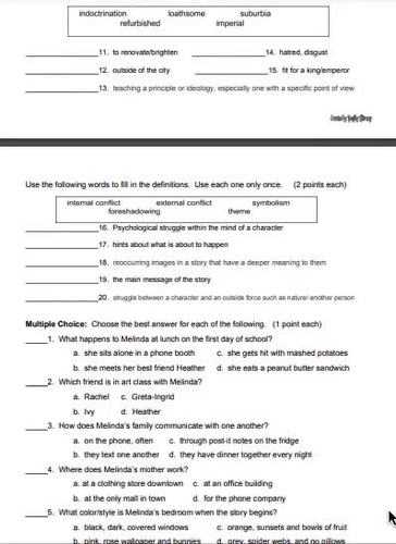 Speak by Laurie Halse Anderson l Final Test for Novel with Answer Key