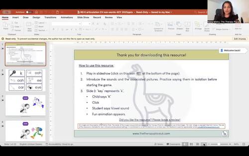 FRONTING game for Articulation of 'K' CV non-words, Version 2 - KEY