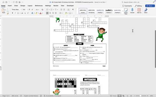 6th/7th Grade Math Fun Worksheet Christmas Activity: Crossword ...