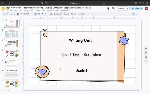 Grade 1 - Writing Unit - Google Lesson Slides - Saskatchewan Language