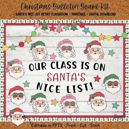 Christmas Bulletin Board: Retro Santa Nice List | Editable Classroom Decor