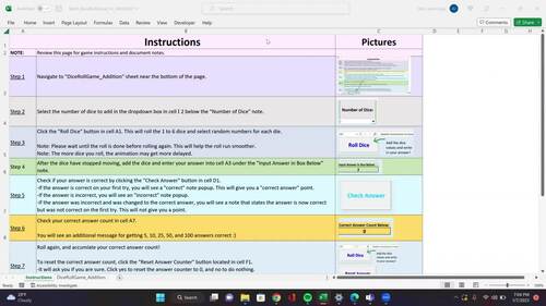 Math Dice Game Addition (Compatible with Microsoft Excel Macros)