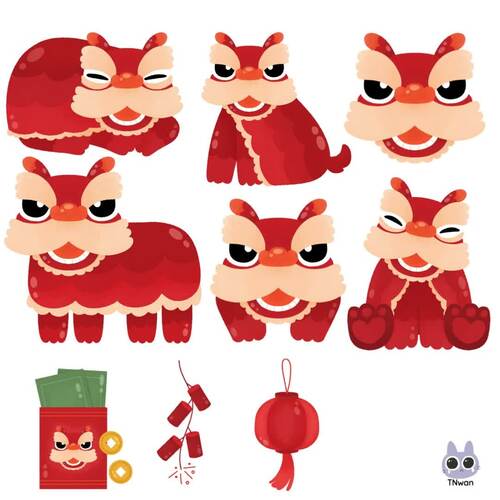 chinese new year 2024 cute lion dance cartoon lunar new year watercolor ...