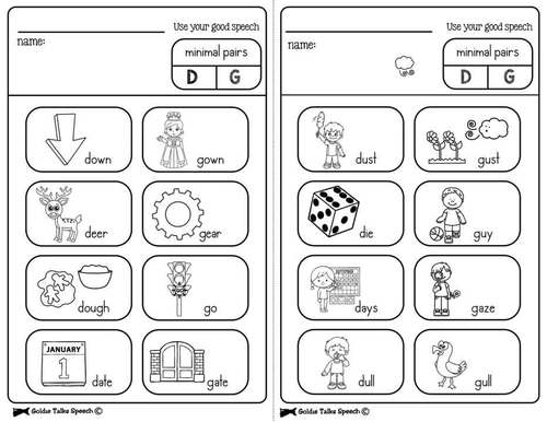 Minimal Pairs D vs. G Half Page Homework | Articulation | Speech Therapy