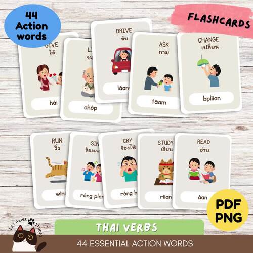 Thai Verbs Flashcards – 44 Essential Action Words by Fat Paws Studio