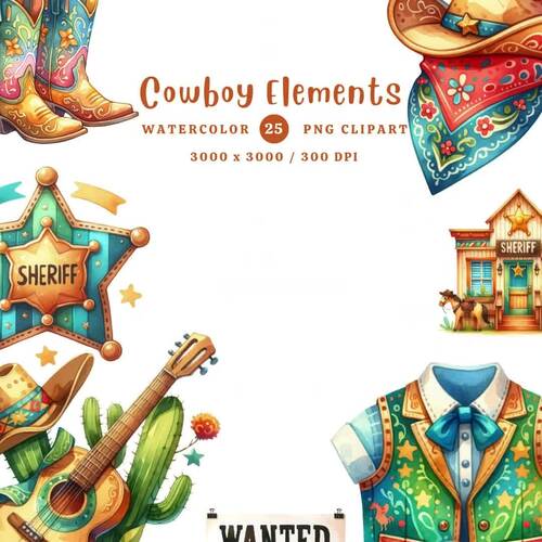 Cowboy Elements Watercolor Clipart PNG by Adorable Clipart | TPT
