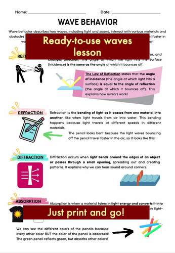 Waves Printable Worksheet: Reflection, Refraction & More (No Prep)