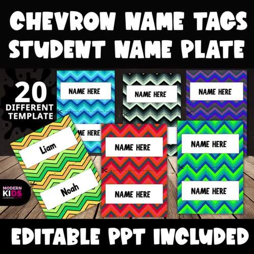 20 Editable Chevron Student Name Tags or Labels – Multi-Colored Variety