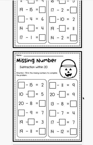 Missing Subtrahends to 20 Worksheets | Subtraction within 20 | TPT
