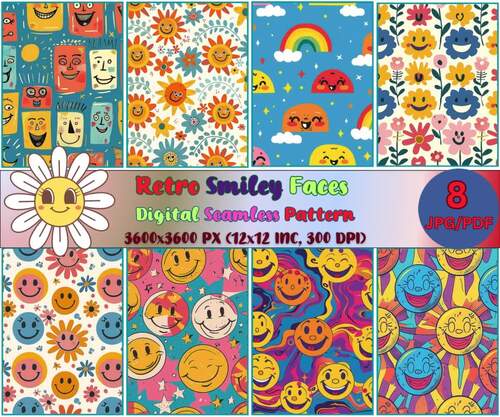 Retro Digital Papers,Groovy Smiley Face seamless pattern,cute smiley ...
