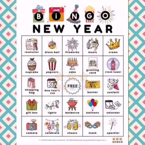 New Years Bingo Game | Rhyming Riddle Bingo Card (Color and BW versions)