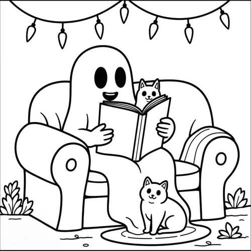 Spooky Cozy Hygge Coloring Pages | Cute Halloween Ghosts, Skeletons ...