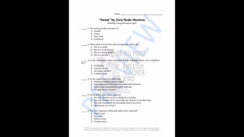 "Sweat" by Zora Neale Hurston Quiz and Close Reading Bundle for Google ...