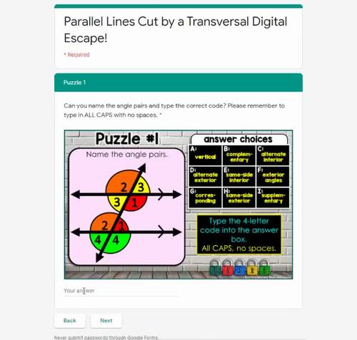 Parallel Lines Cut by a Transversal Digital Math Escape Room Activity
