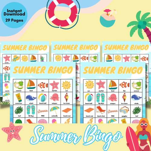 Summer Beach Bingo Cards Printable Games Activities Kinder 1st 2nd 3rd ...