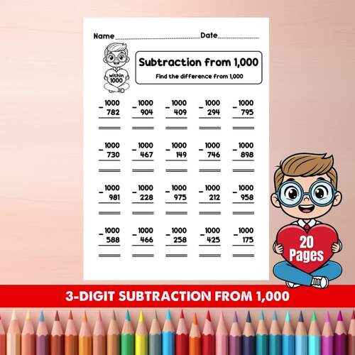 Valentine 3-Digit Subtraction from 1,000 Worksheets | No Prep Math