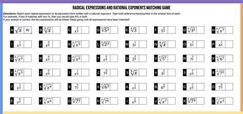 Rewriting Radical Expressions and Rational Exponents Digital Matching ...