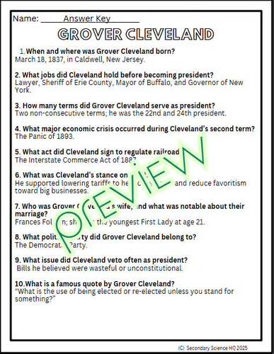Grover Cleveland US President Study Guide & Worksheet Coloring and ...