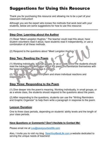 Harlem Renaissance Poetry, Dream Deferred, Langston Hughes poem, Print PDF