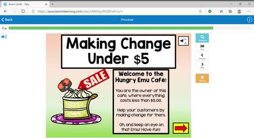 Making Change Under Five Dollars $5 BOOM CARDS Money Math by Teaching Dinos
