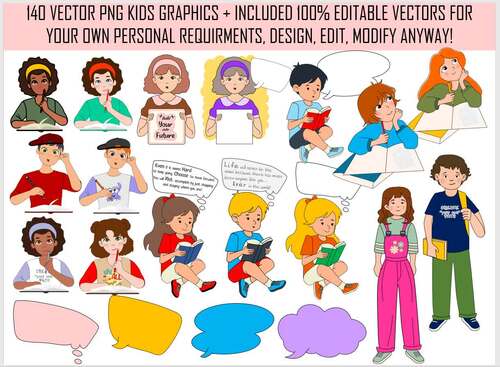 Kids Vector Clip Art 11, Children Graphics, Editable Template, Teacher ...