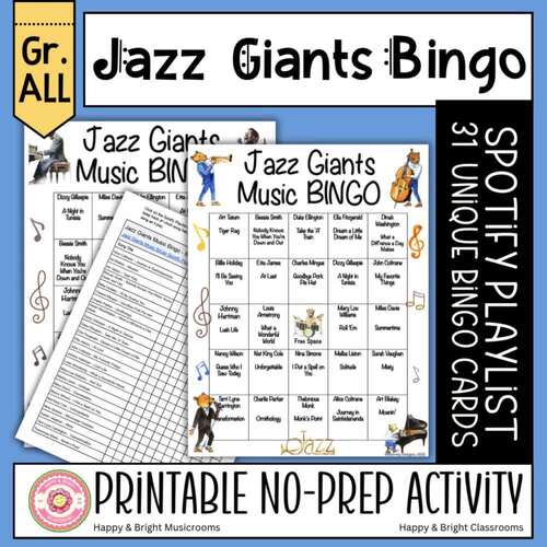 JAZZ APPRECIATION Music Bingo Game, Middle School Music Game, Spotify ...